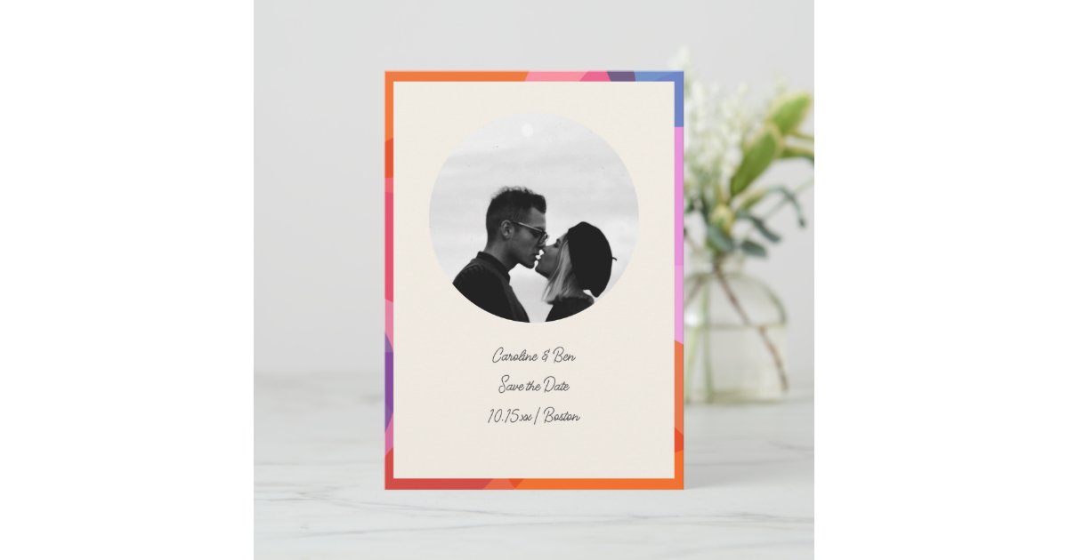 Circle Photo Colorful Border Modern Couple Save The Date | Zazzle