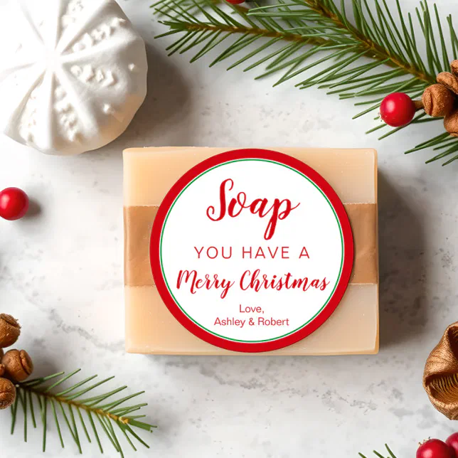 Circle Soap Label, Christmas Holidays Red & Green Classic Round Sticker ...