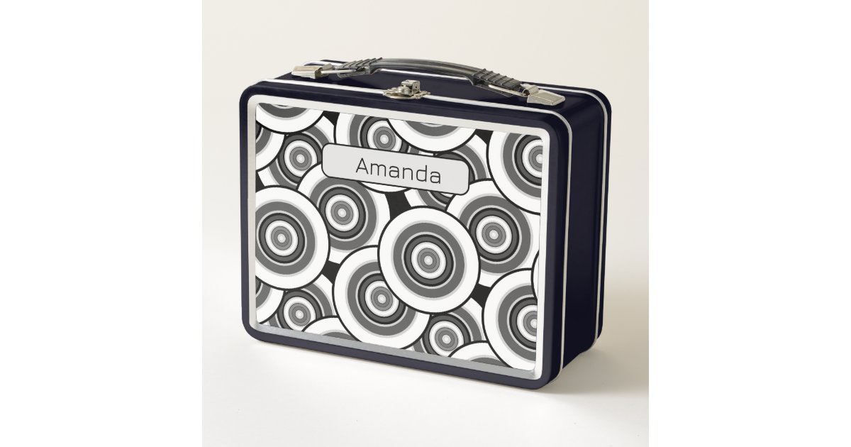 Circles and rings geometric black and white patter metal lunch box | Zazzle