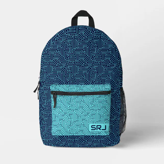 Circuit Board Neon Green Blue Custom Monogram Printed Backpack | Zazzle