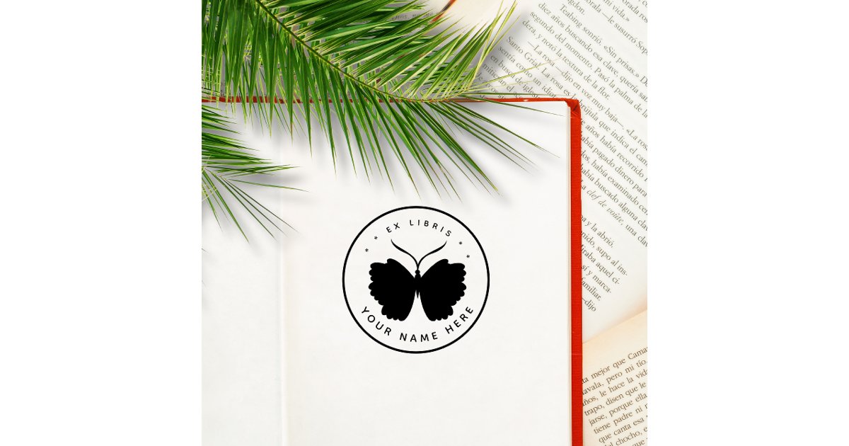 Circular butterfly ex libris stamp | Zazzle
