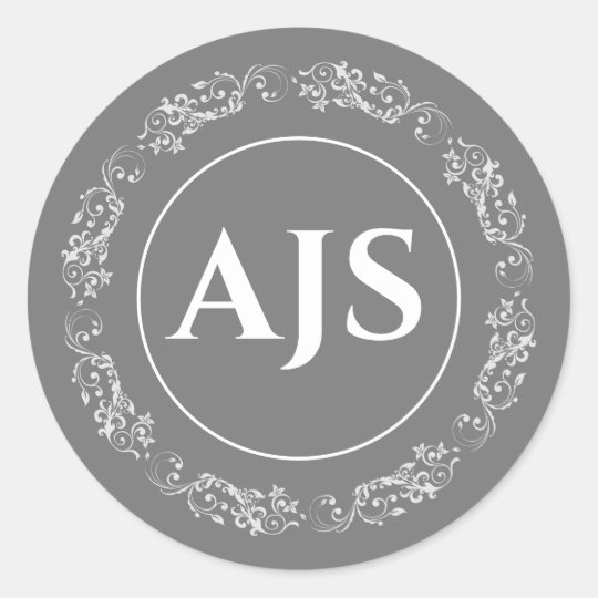 Circular monogram design in grey and white. classic round sticker ...
