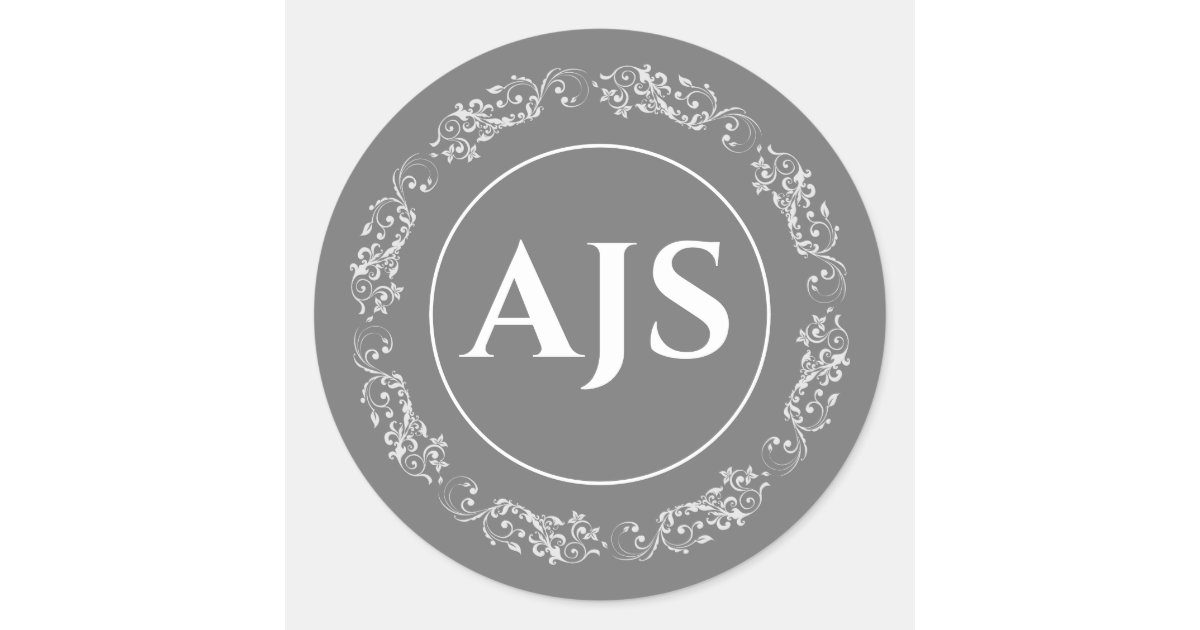 Circular monogram design in grey and white. classic round sticker | Zazzle