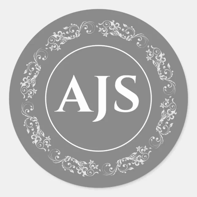 Circular monogram design in grey and white. classic round sticker | Zazzle