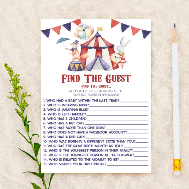 Circus Carnival Find The Guest Baby Shower Game Stationery | Zazzle