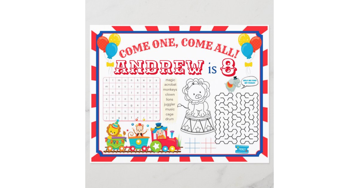 Circus placemats, carnival activity sheet | Zazzle