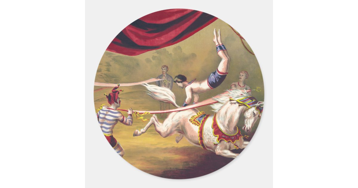 Circus poster showing acrobat performing on horse classic round sticker ...