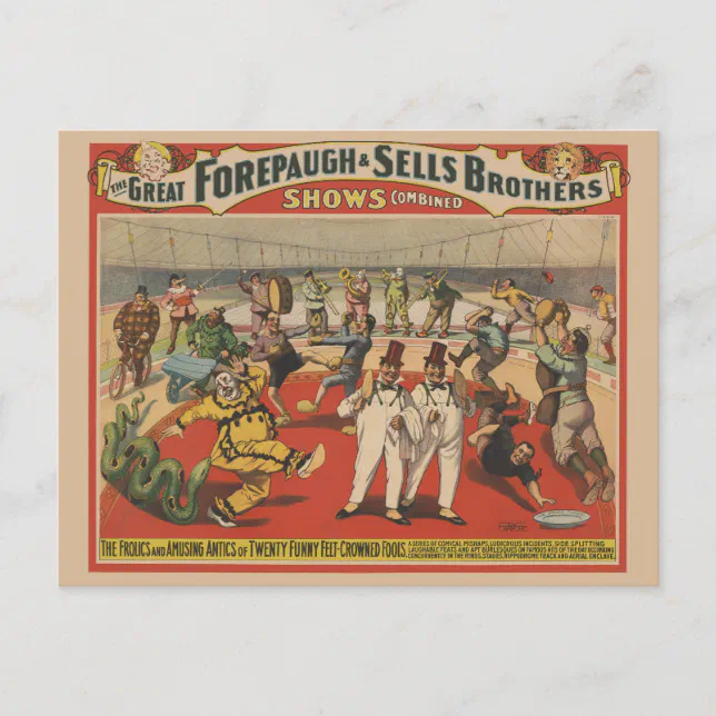 Circus Poster Showing The Amusing Antics Of Clowns Postcard | Zazzle