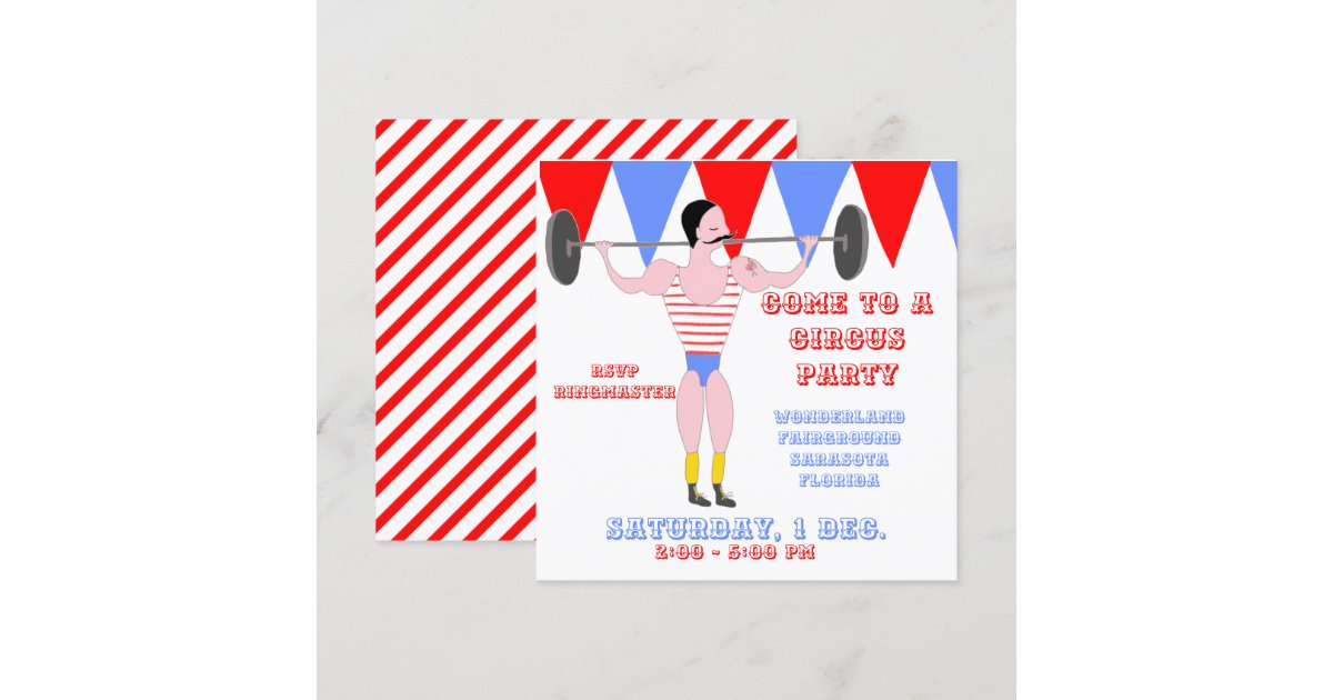 Circus Strong Man Red Circus Tent Stripe Party Invitation | Zazzle