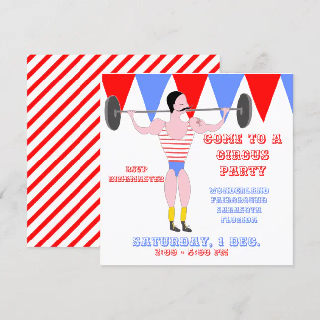 Circus Strong Man Red Circus Tent Stripe Party Invitation | Zazzle