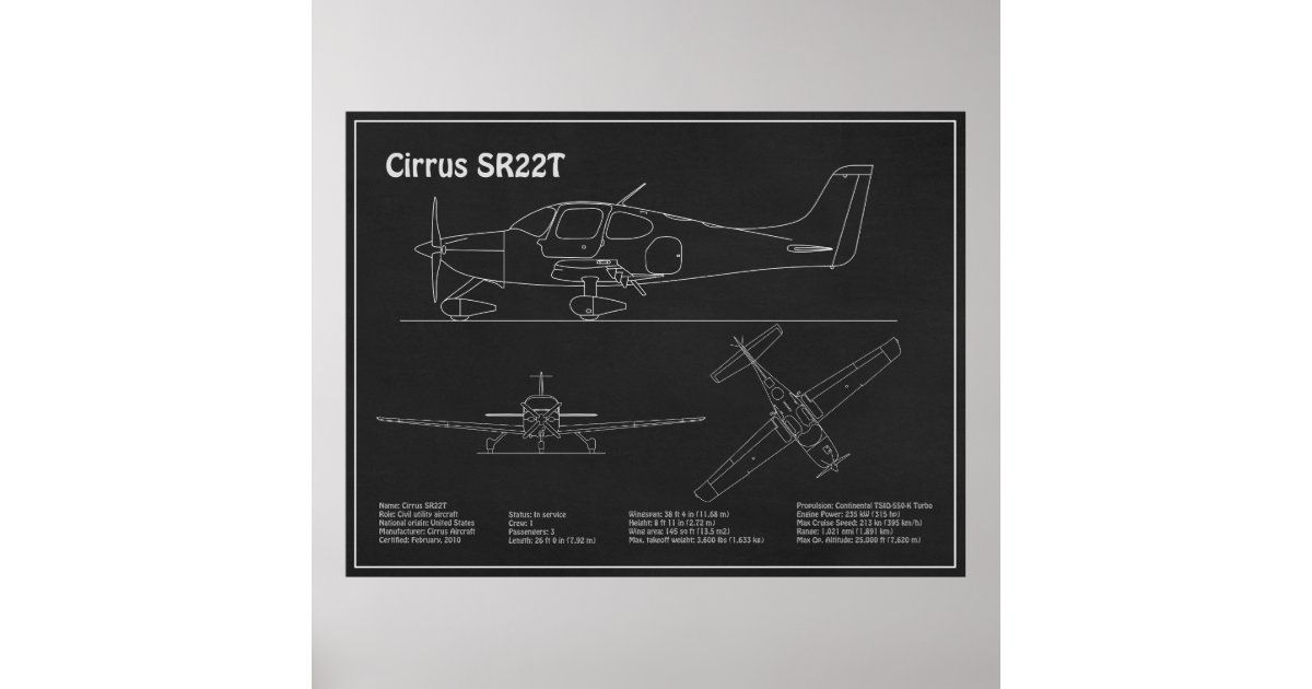 Cirrus SR22T - Airplane Blueprint Drawing Plans PD Poster | Zazzle