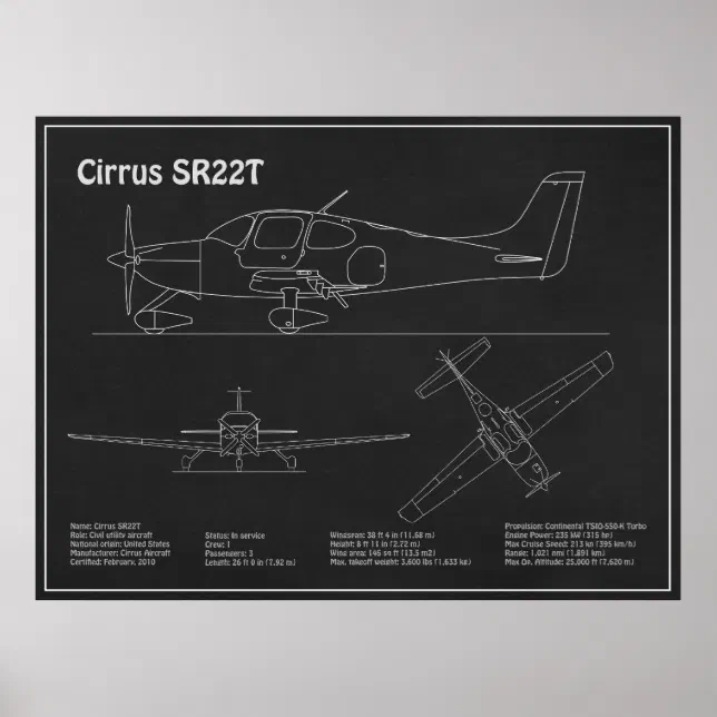 Cirrus SR22T - Airplane Blueprint Drawing Plans PD Poster | Zazzle