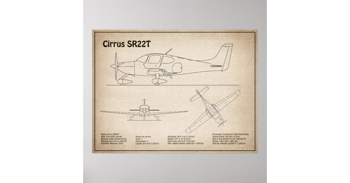 Cirrus SR22T - Airplane Blueprint Drawing Plans SD Poster | Zazzle