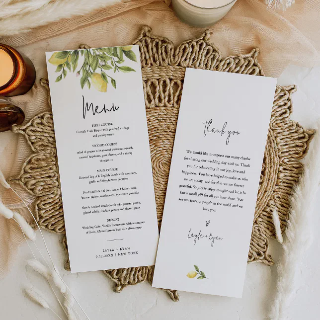 CITRON Lemon Citrus Wedding Dinner Menu | Zazzle