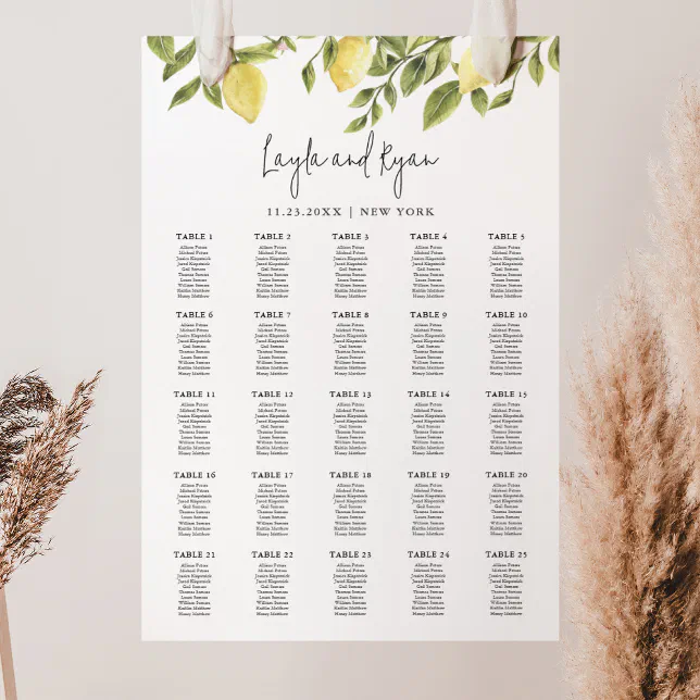 CITRON Lemon Wedding Seating Chart 24"x36" Foam Board | Zazzle