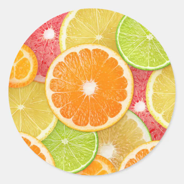 Citrus fruits background classic round sticker | Zazzle