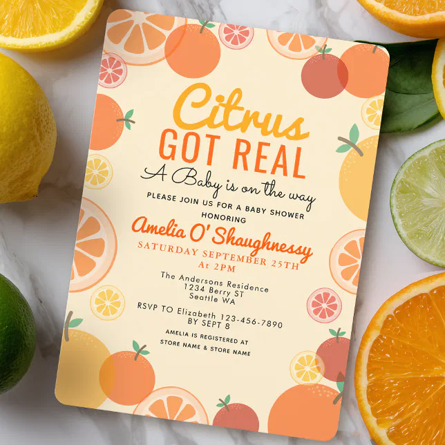 Citrus Got Real Fruit Summer Baby Shower Invitation | Zazzle