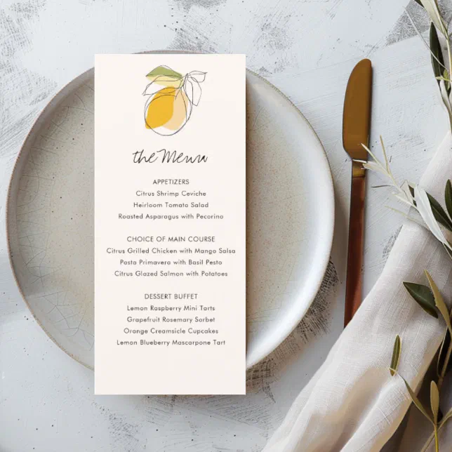 Citrus Lemon Modern Line Drawing Wedding Menu | Zazzle