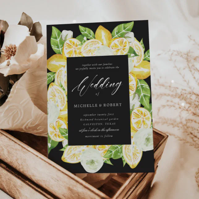 Citrus Lemon Tree Black Wedding Invitation | Zazzle