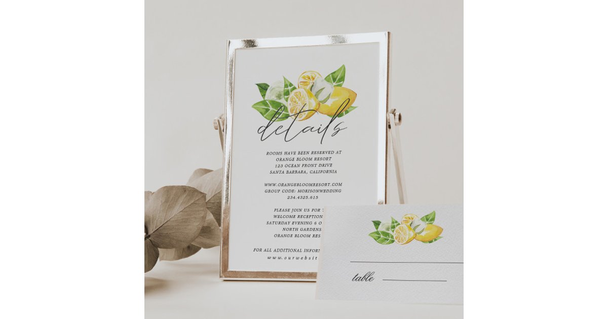 Citrus Lemon Tree Wedding Details Enclosure Card | Zazzle