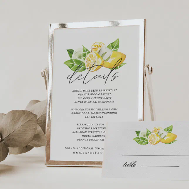 Citrus Lemon Tree Wedding Details Enclosure Card | Zazzle