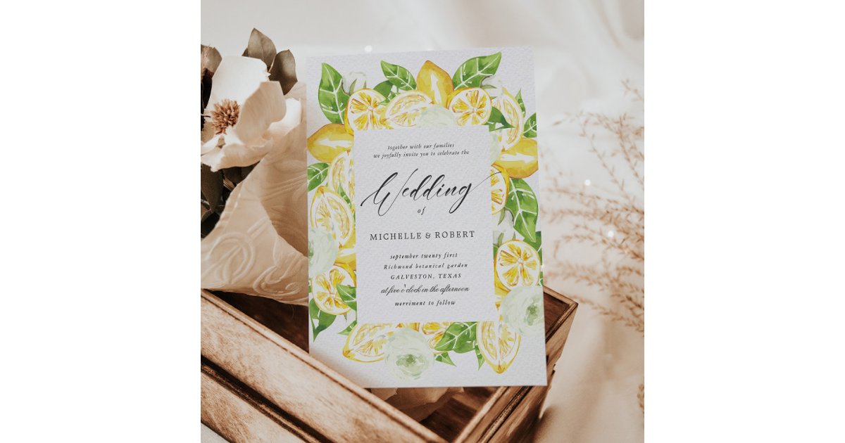 Citrus Lemon Tree White Wedding Invitation | Zazzle