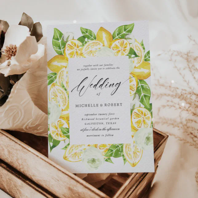Citrus Lemon Tree White Wedding Invitation | Zazzle
