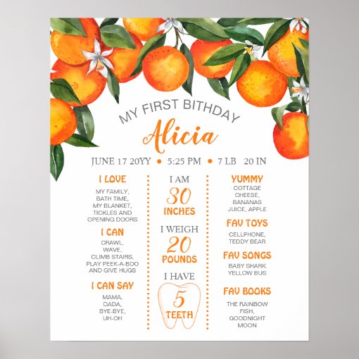 Citrus Orange 1st Birthday Milestone Poster | Zazzle
