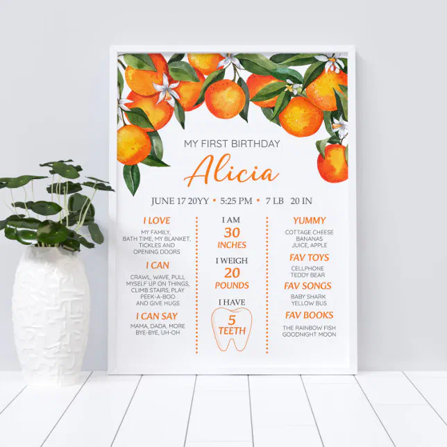 Citrus Orange 1st Birthday Milestone Poster | Zazzle