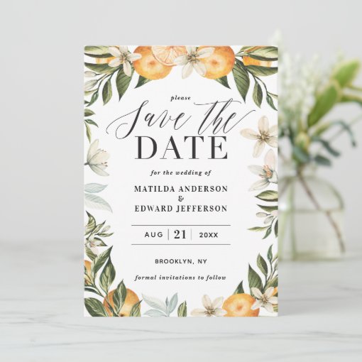 Citrus, orange + blossom wedding save the date | Zazzle