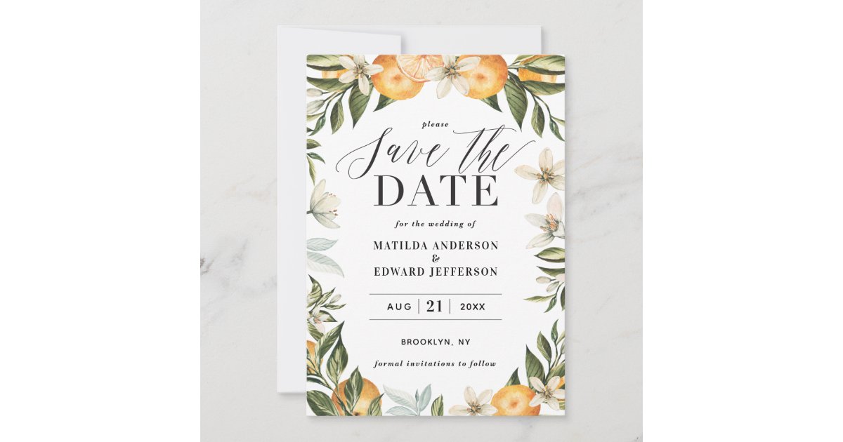 Citrus, orange + blossom wedding save the date | Zazzle