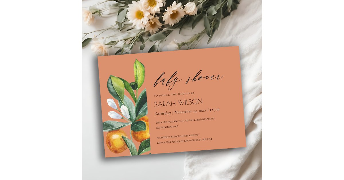 Citrus Orange Botanical Rust Baby Shower Invite | Zazzle
