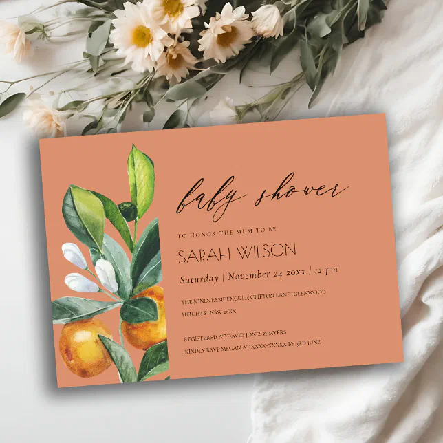 Citrus Orange Botanical Rust Baby Shower Invite | Zazzle