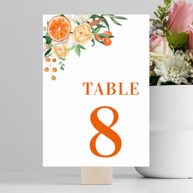 Citrus Orange Floral Tangerine Table 8 Wedding Table Number | Zazzle