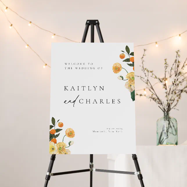 Citrus Orange Floral Wedding Welcome Foam Board | Zazzle