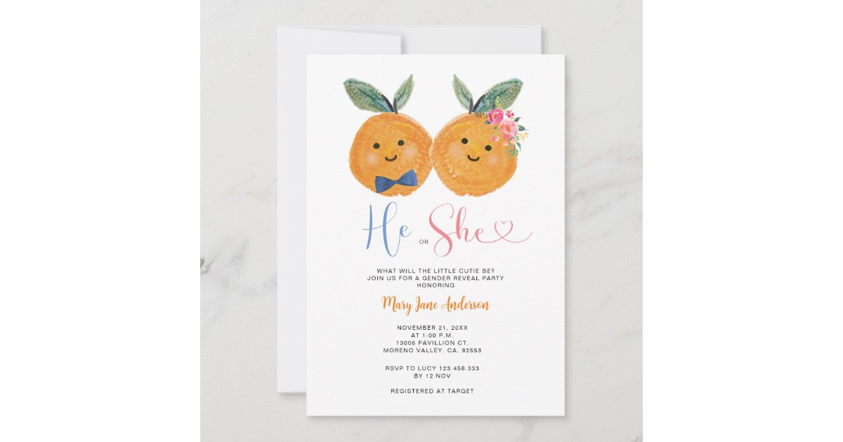 Citrus Orange He or She Pink Floral Gender Reveal Invitation | Zazzle