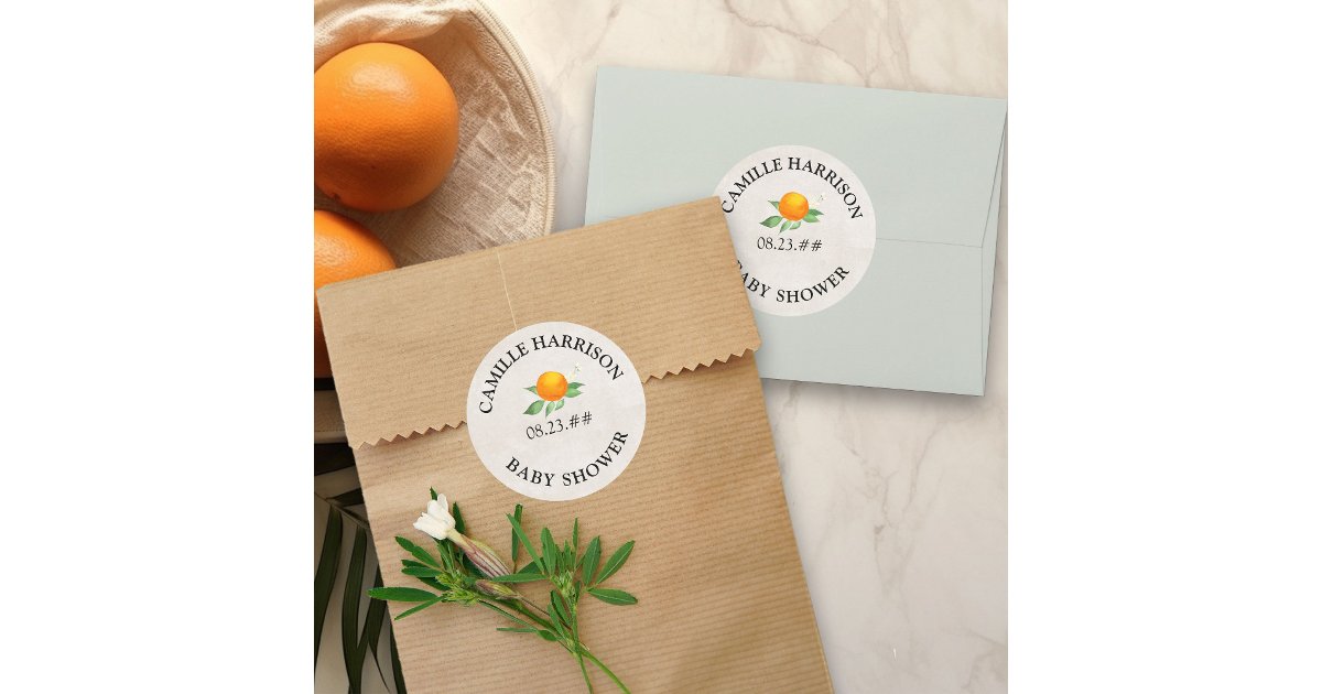 Citrus Orange Neutral Personalized Baby Shower Classic Round Sticker ...