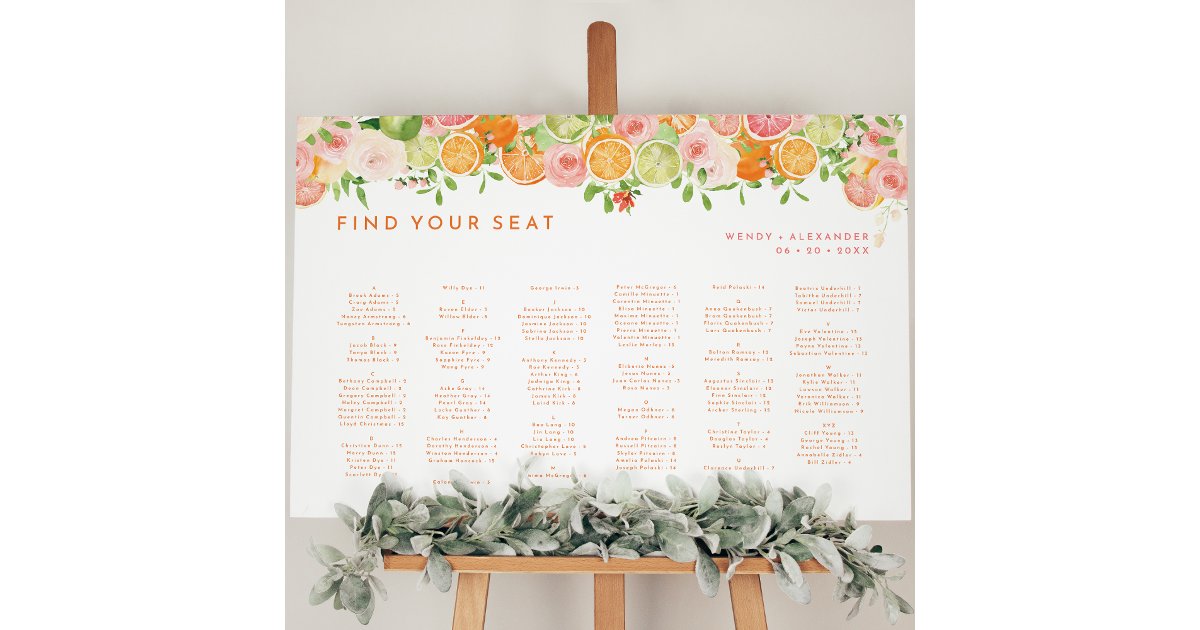 Citrus Watercolor Wedding Horizontal Seating Chart Foam Board | Zazzle