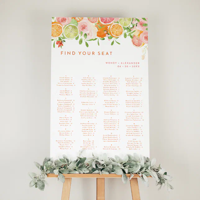 Citrus Watercolor Wedding Vertical Seating Chart Foam Board | Zazzle