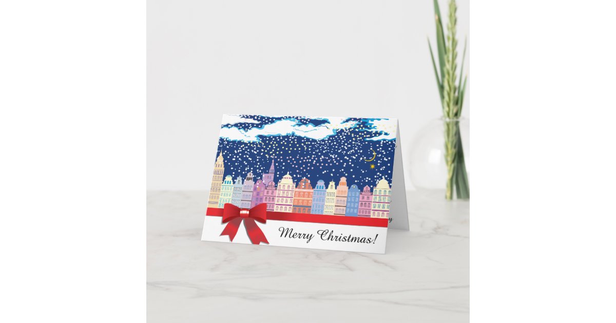 City Christmas with Red Bow PERSONALIZED Holiday Card | Zazzle