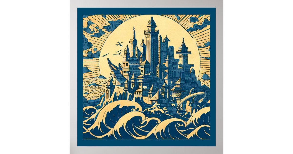 City of Atlantis 3 - Woodblock Style Poster | Zazzle