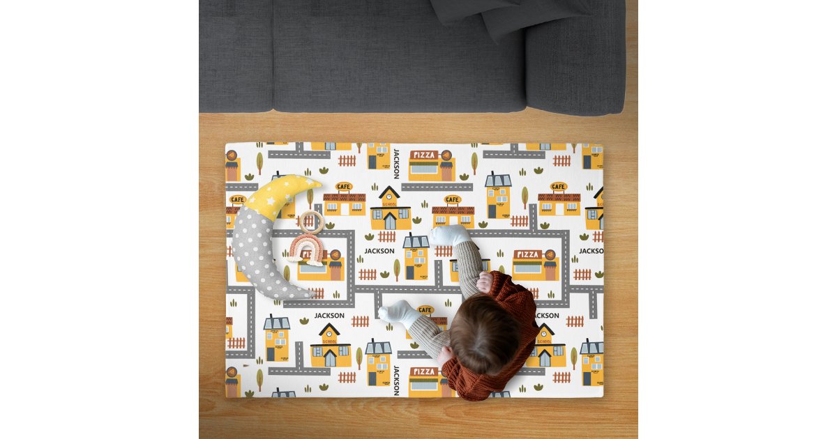 City Road Map Pattern for Kids Yellow and Gray Rug | Zazzle