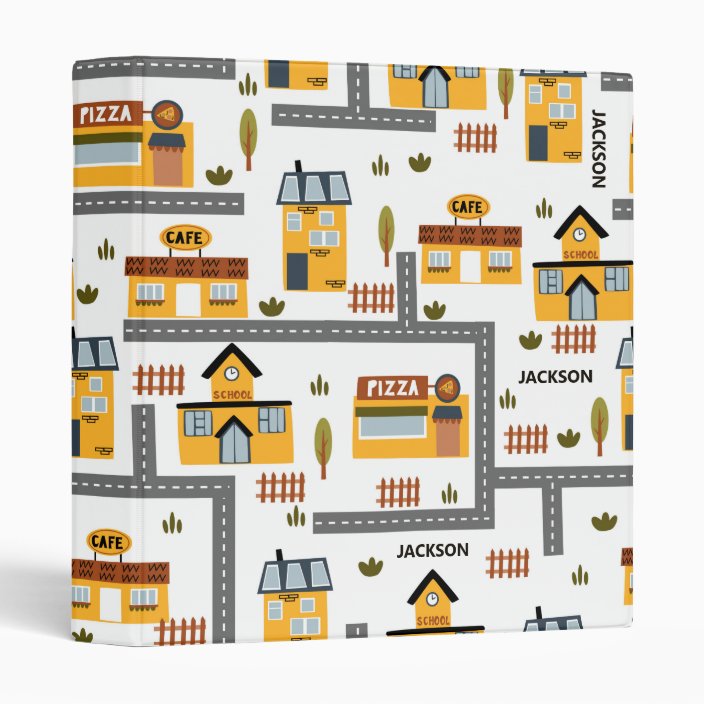 City Road Map Pattern Yellow and Gray Kids School 3 Ring Binder ...