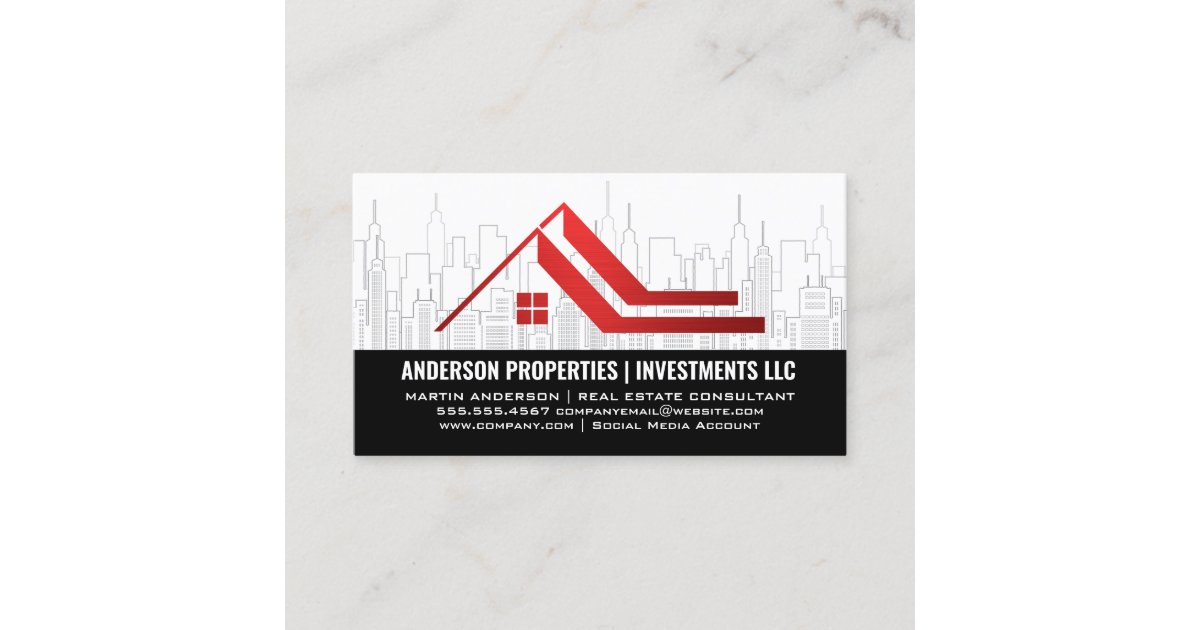 City Skyline | Red Realtor Logo Business Card | Zazzle