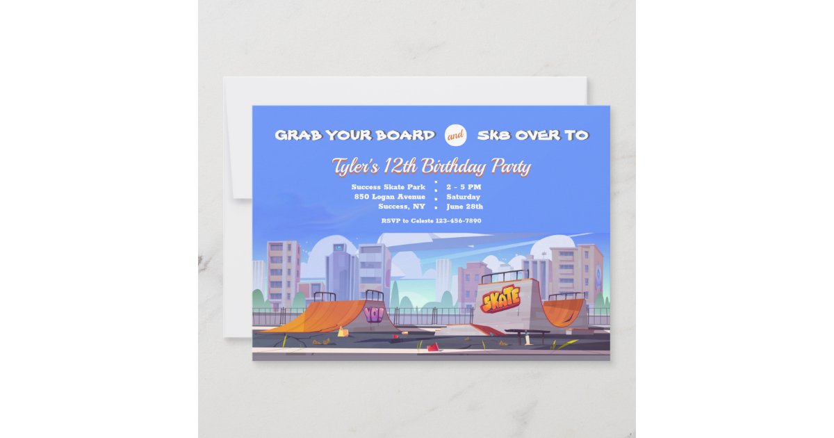 Cityscape Skate Park Birthday Party Invitation | Zazzle