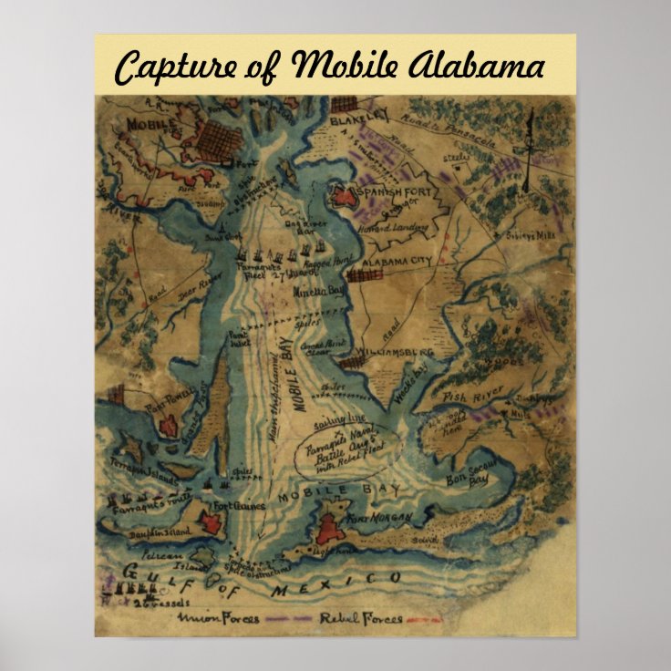 Civil War - Capture of Mobile Alabama - Map Poster | Zazzle