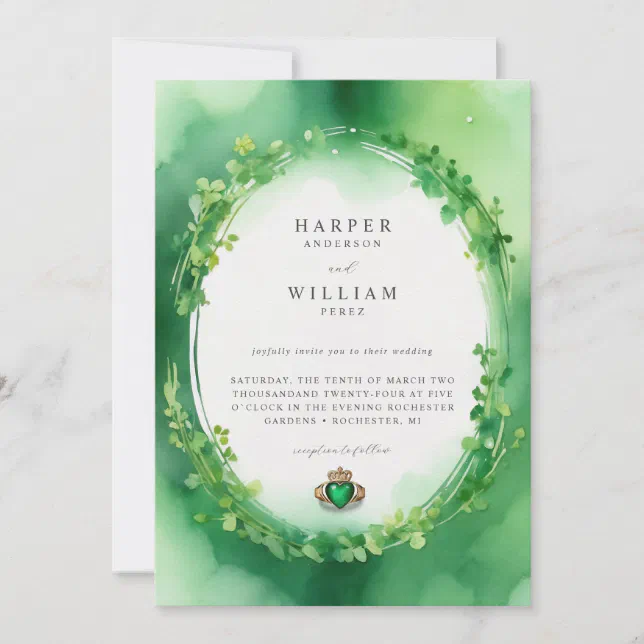 Claddagh ring clover wreath wedding invitation | Zazzle