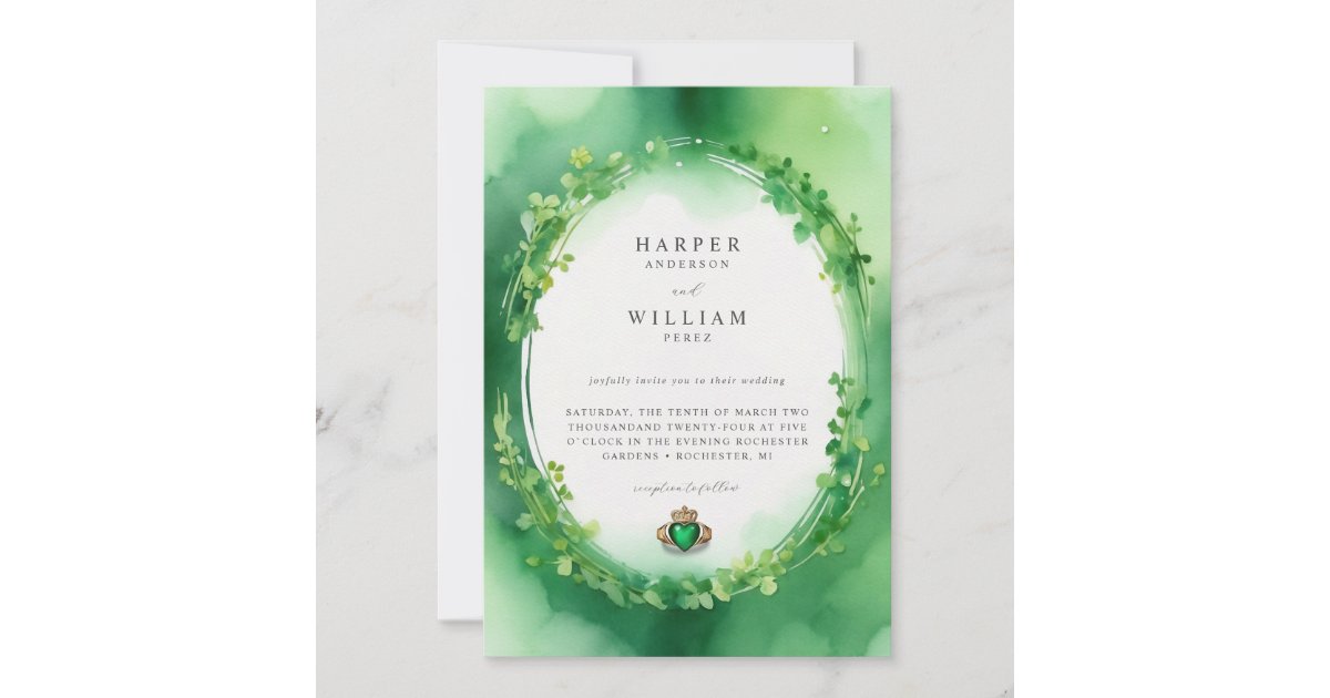 Claddagh ring clover wreath wedding invitation | Zazzle