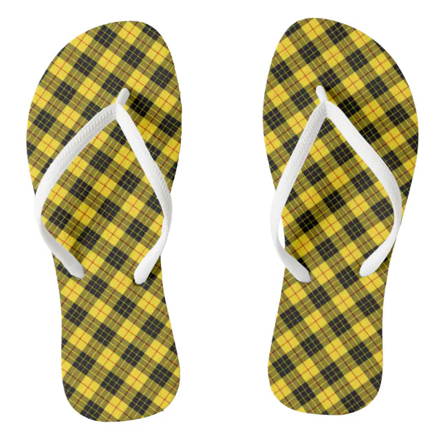 Clan MacLeod Tartan Yellow and Black Plaid Flip Flops | Zazzle