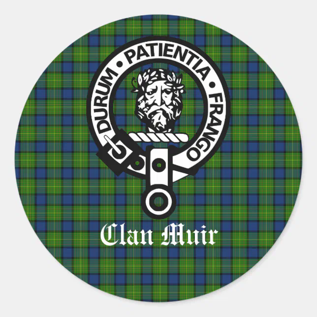Clan Muir Crest Badge and Tartan Classic Round Sticker | Zazzle